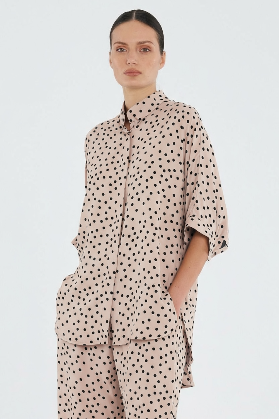 Mela Purdie Villa Overshirt | Scattered Spot Silk | Meringue/Black ...